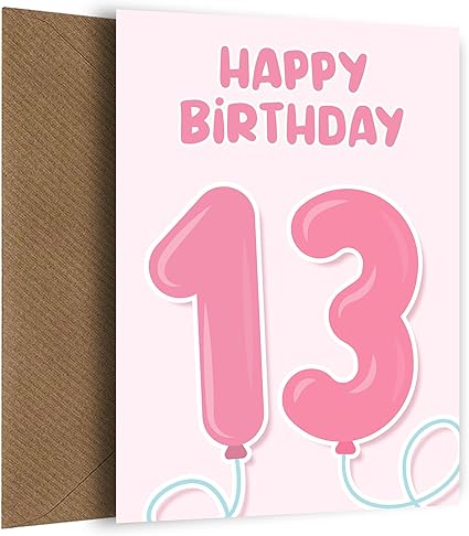 13th Birthday Card for Girls - Pink Balloons for 13 Year Old Girl Bday ...