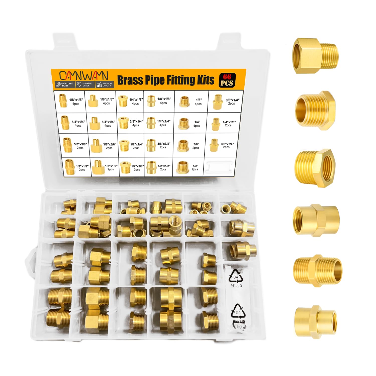 Amazon.com: CAMNWAMN 66 PCS NPT Brass Pipe Fittings Assortment Kit, NPT ...