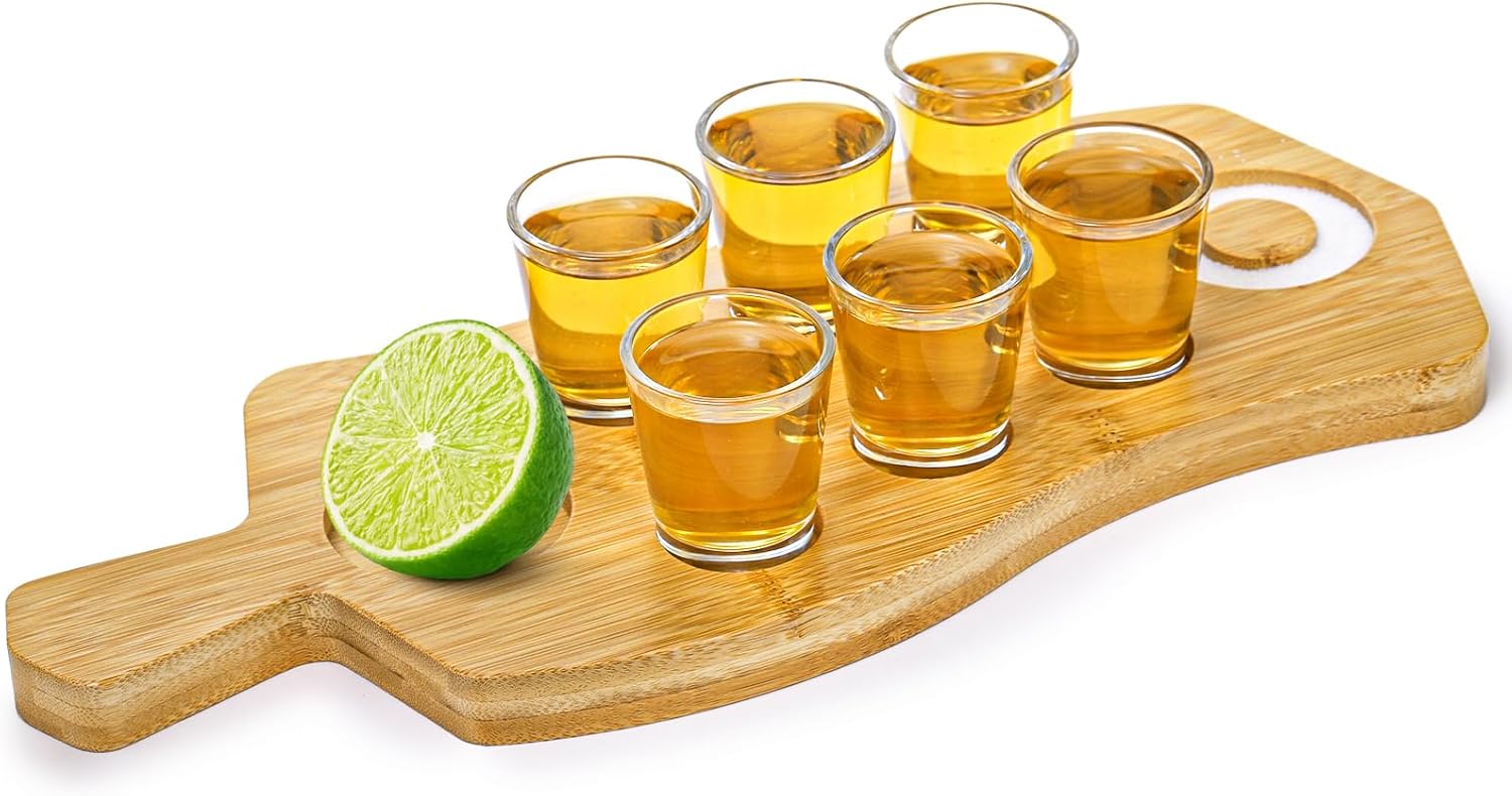 Suwimut Tequila Shot Board and Glass Holder with 6 Shot Glasses, Bamboo ...