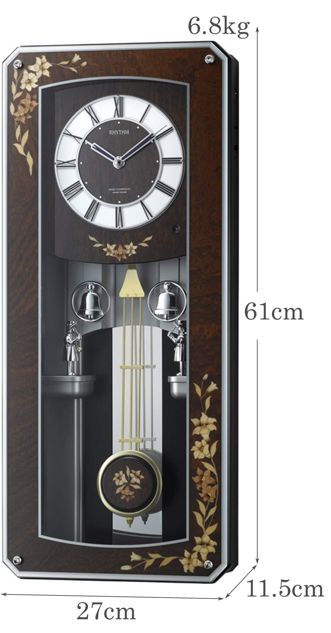 Amazon.co.jp： リズム時計 柱 掛け時計 アナログ 振り子 アタッシュマンR 電子音報時(チャイム) 木 茶 (半艶仕上げ ...