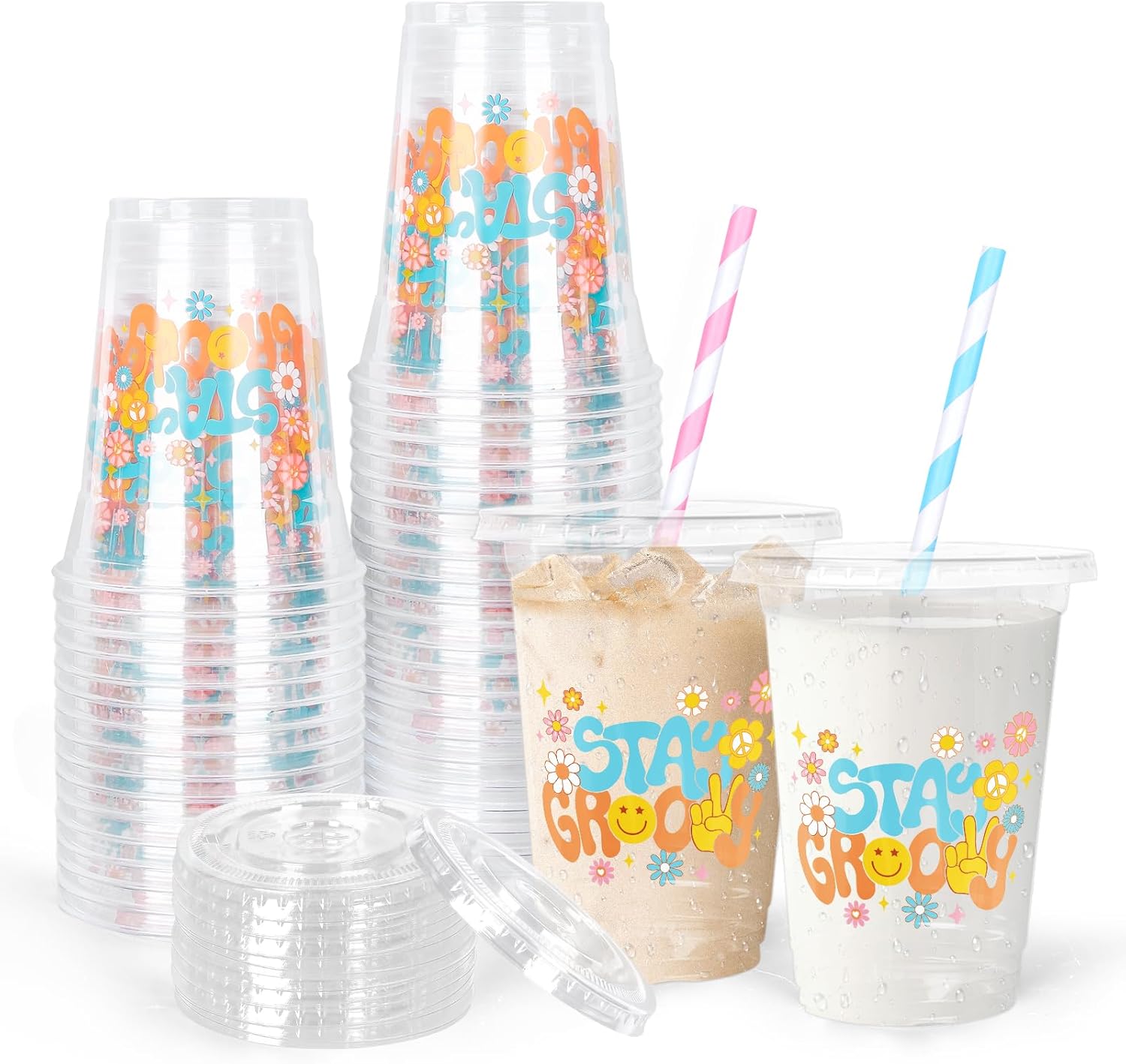 Whaline 50Pcs Boho Party Plastic Cups Stay Groovy Disposable Cups ...