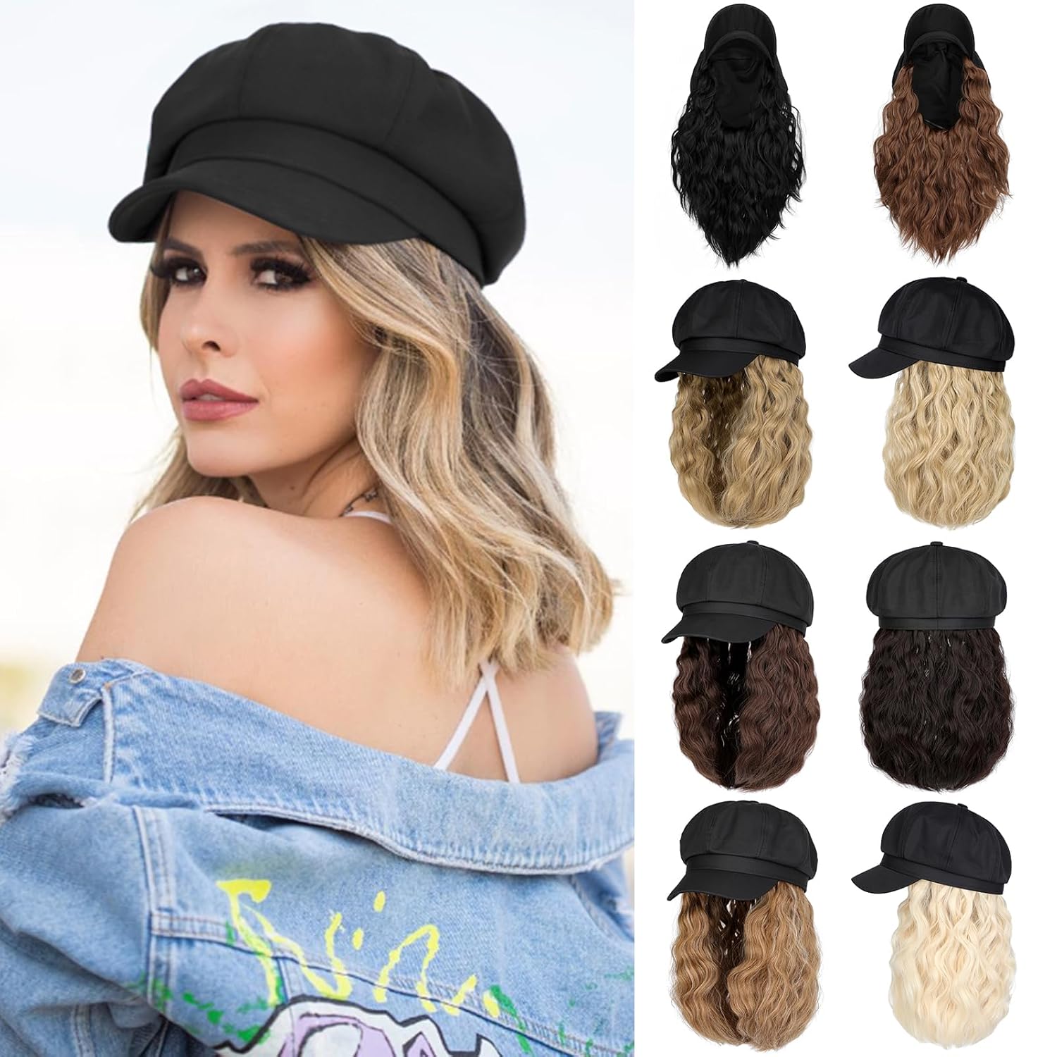 Amazon.com : Lansigreen Newsboy Cap with Hair Extensions Short Curly ...