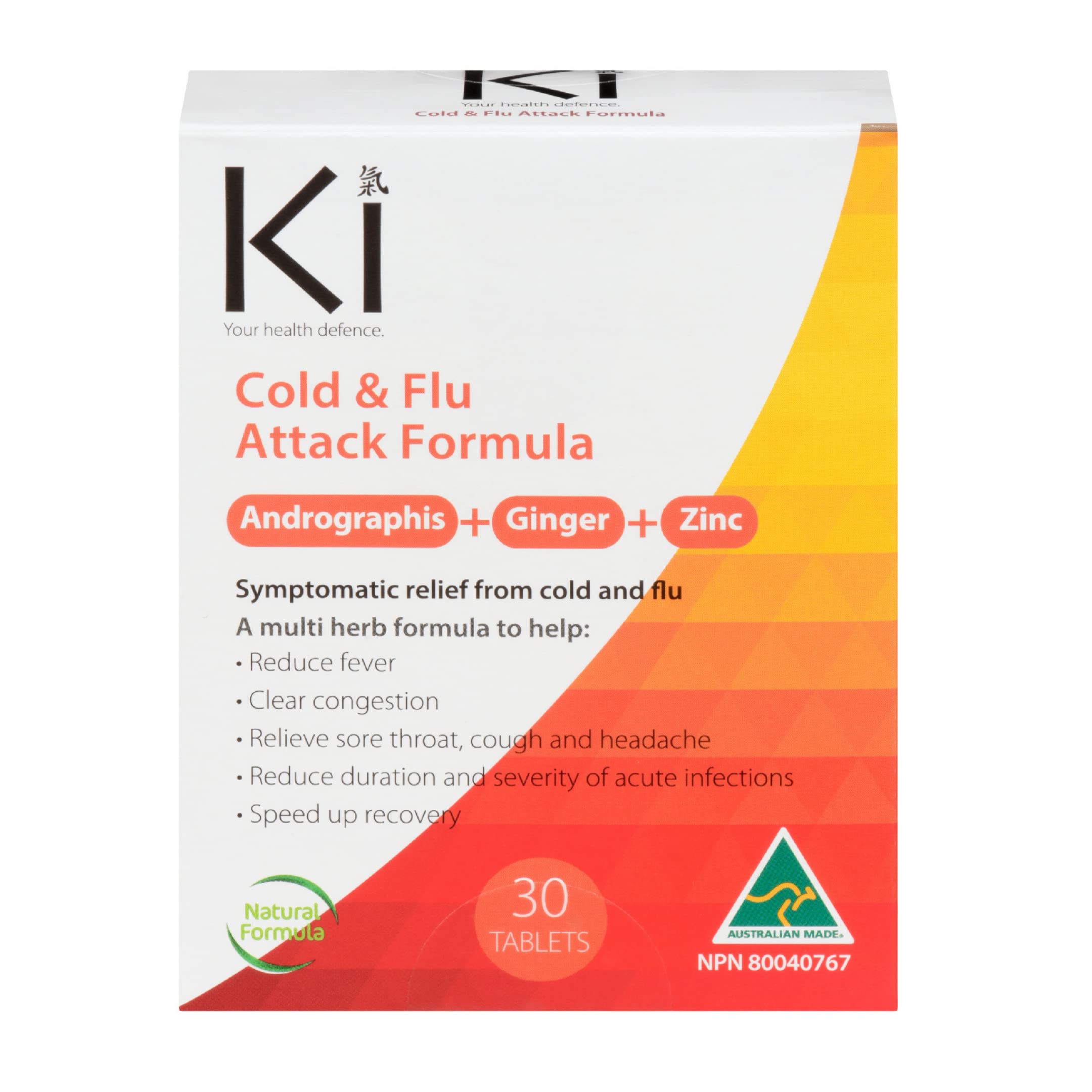 Ki Cold & Flu Attack Formula, 30 Count, Andrographis, Ginger and Zinc ...