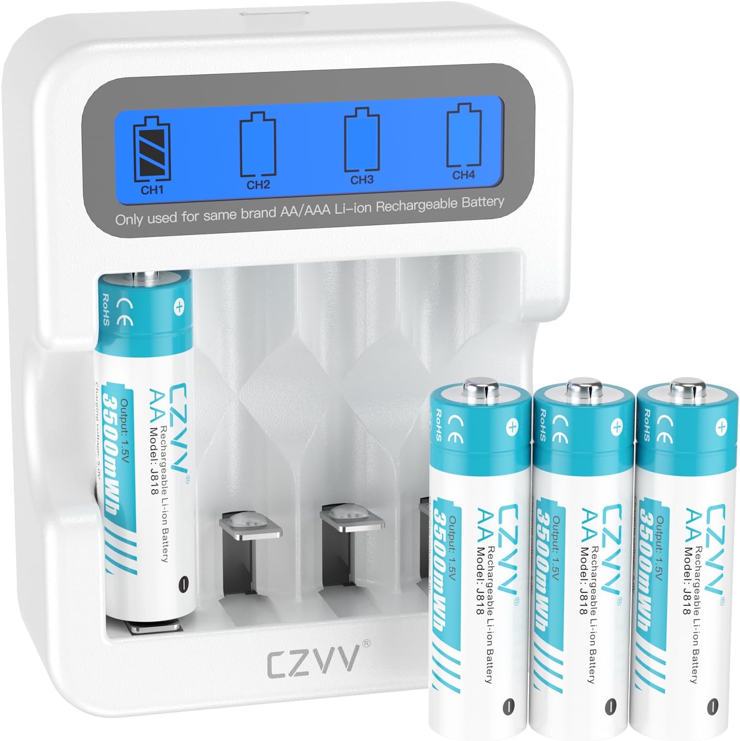 czvv Rechargeable AA Lithium Batteries 1,5V - High Capacity 3500mWh 4 ...