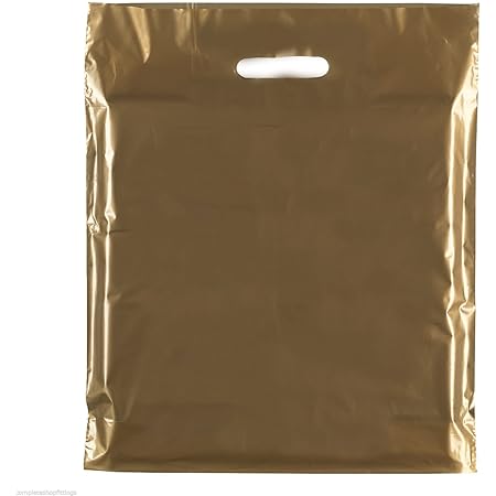 100x Gold Heavy Duty Colored Plastic Carrier Bags Party Gift Bags in 3 ...