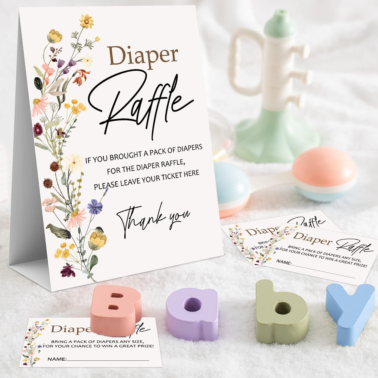 Juego de baby shower, rifa de pañales para bebé, letrero de pie y 50 ...