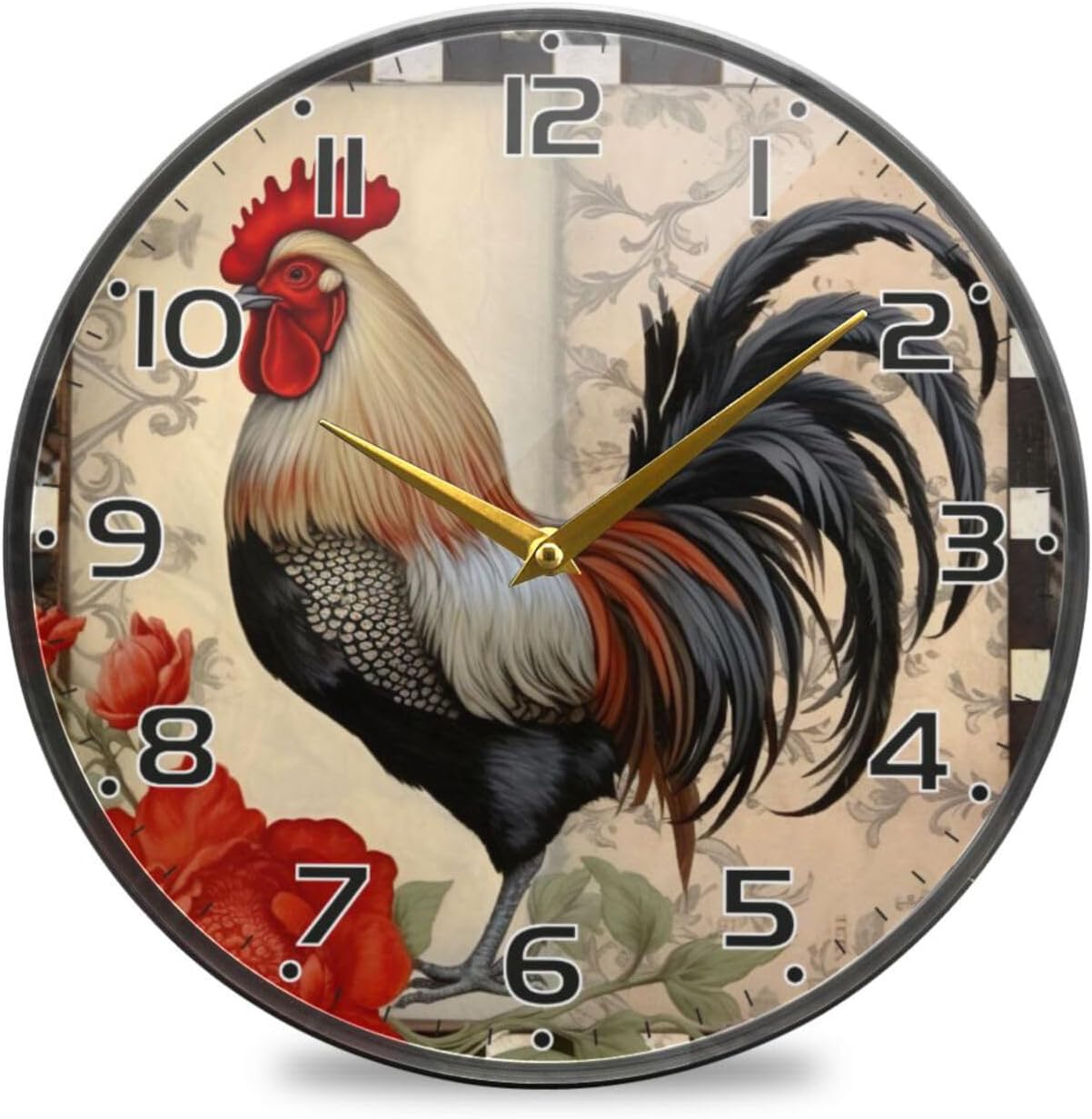 Amazon.com: Kigai Vintage Rooster Wall Clock Round Silent Non Ticking ...