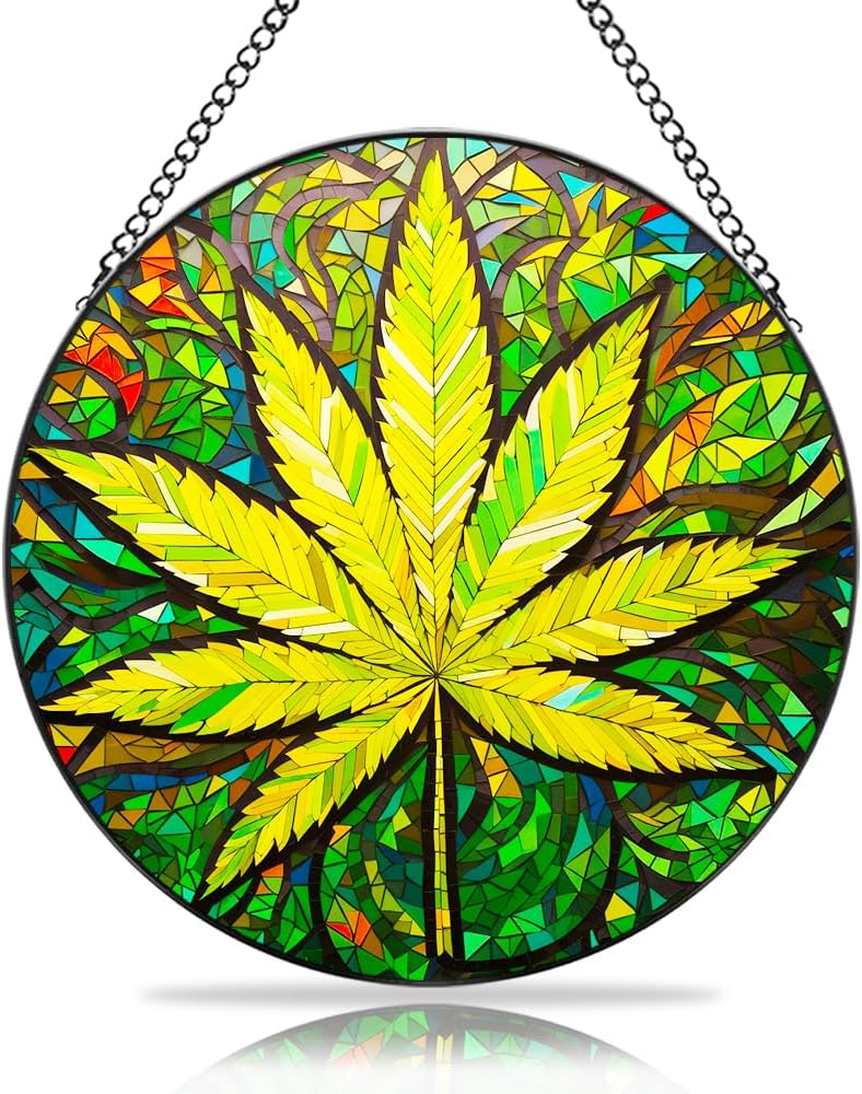 Amazon.com: Stained Glass Suncatcher Panel Green Marijuana Leaf ...