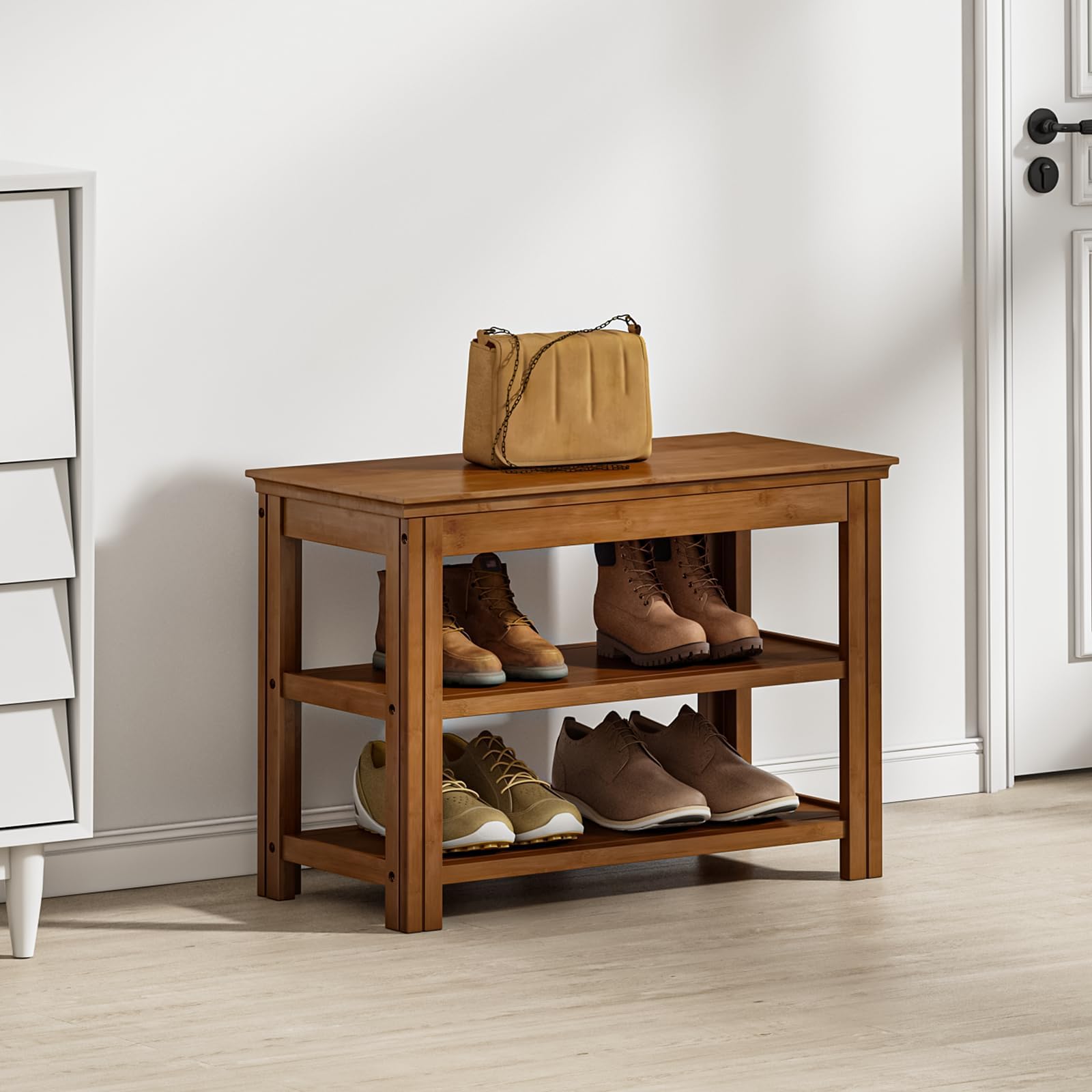 Bamworld Shoe Bench 3 Tier Bamboo Entryway Storage Benches Rustic Solid ...