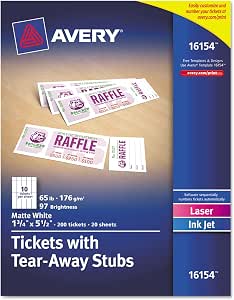 Printable Tickets w/Tear-Away Stubs, 1-3/4 x 5-1/2, Matte White, 200 ...