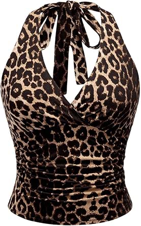 WDIRARA Women's Leopard Print Ruched Halter Crop Tops V Neck Tie Back ...
