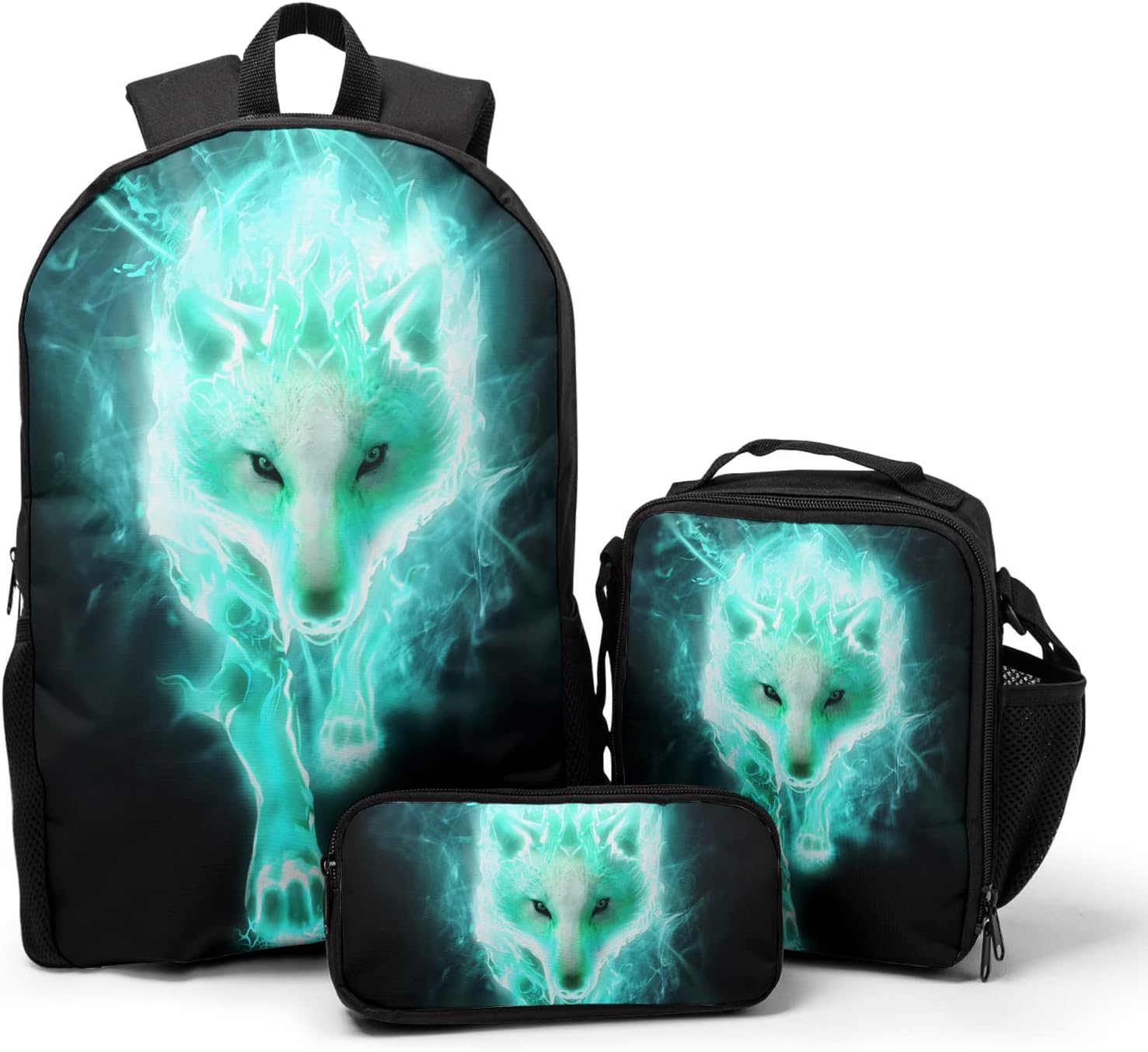 Amazon.com: Nerxy Cool Cyan Wolf Backpack Set with Lunchbox Pencil Case ...