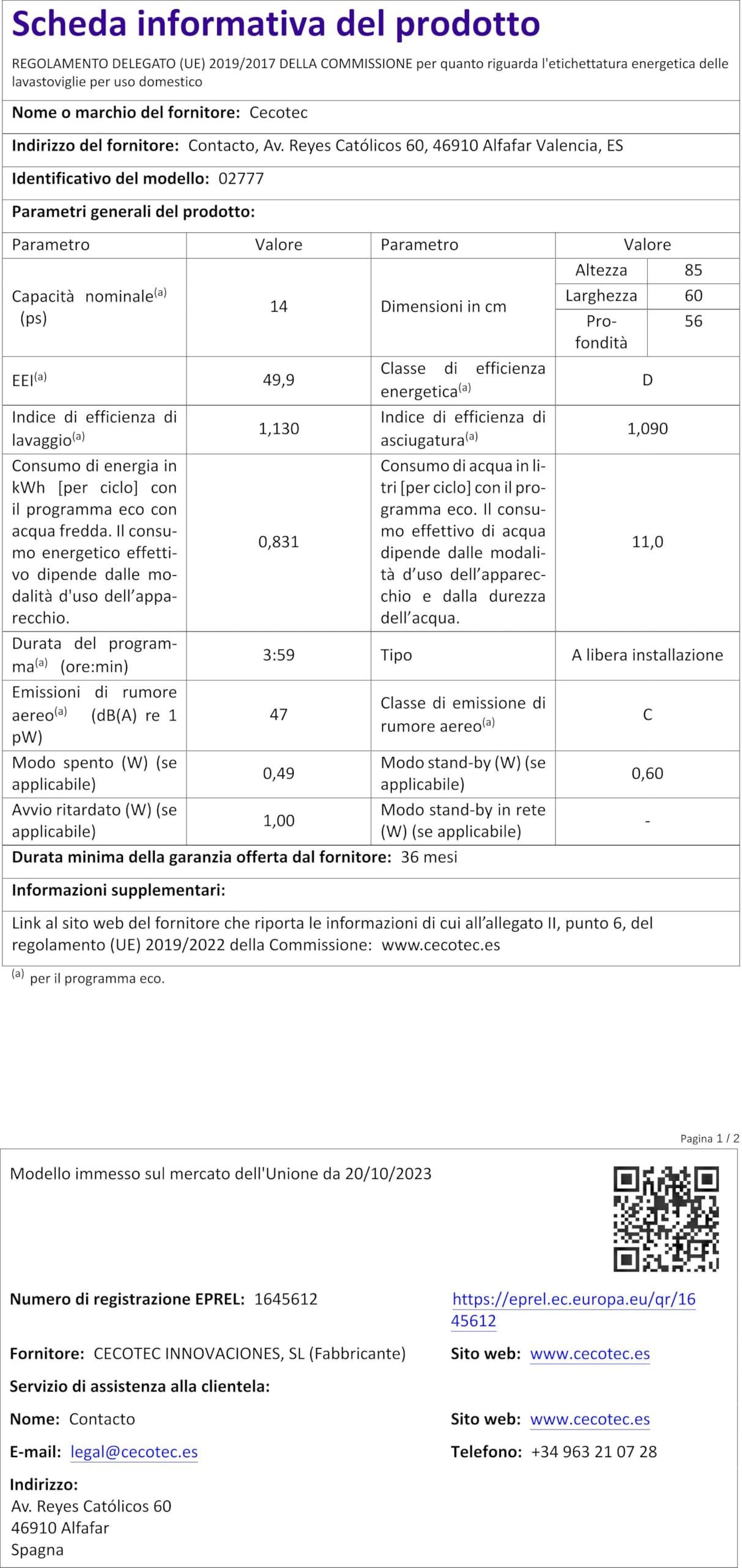 Cecotec Lavastoviglie Libera Installazione 12 Coperti Bolero Aguazero ...