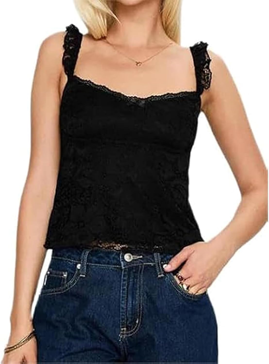 Women Floral Cami Top Frill Lace Square Neck Low Cut Slim Fit Cropped ...