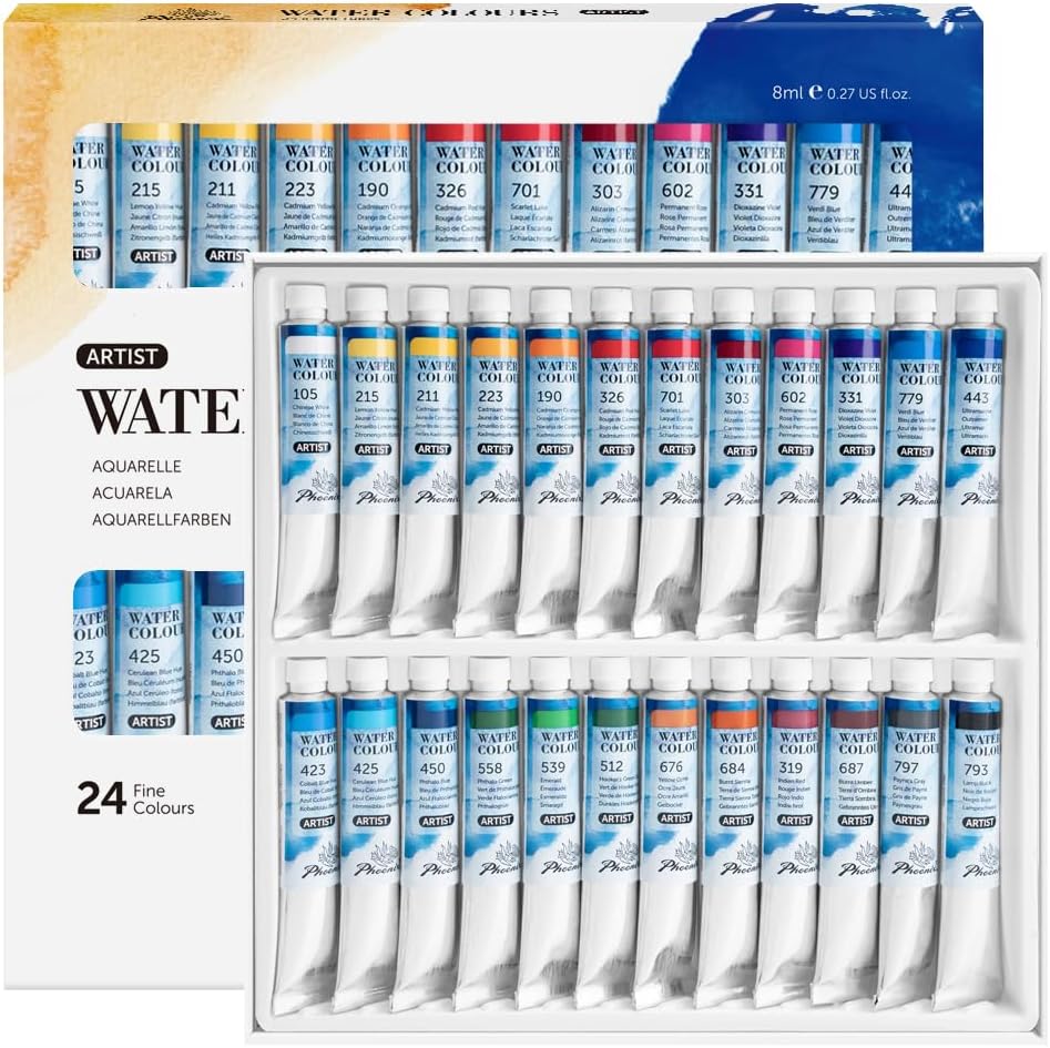 Amazon.com: PHOENIX Artist Grade Watercolor Paint Set 24 Colors x 8ml ...