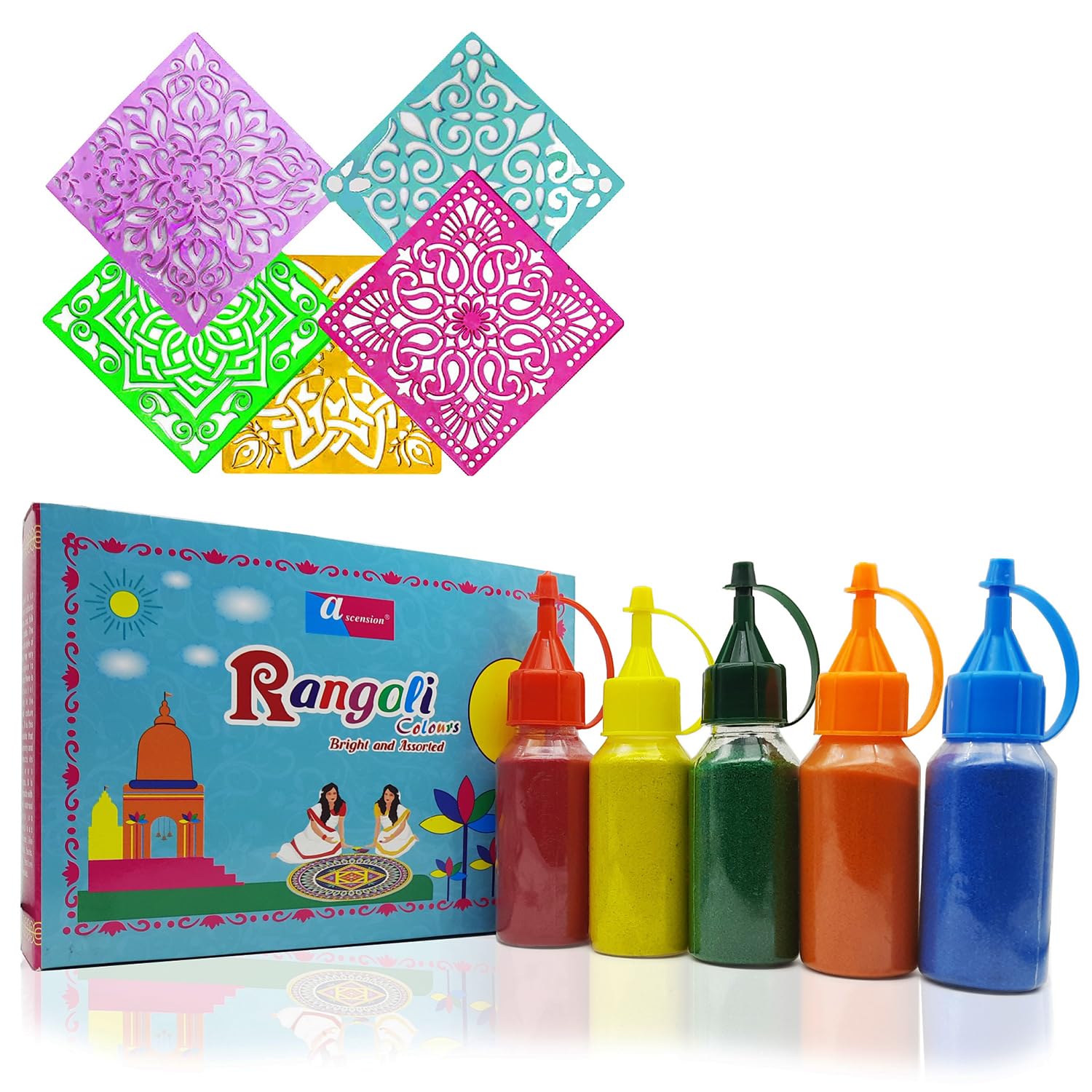 Ascension 5 Rangoli Powder Colors Bottles 80gm Each Design Diwali ...