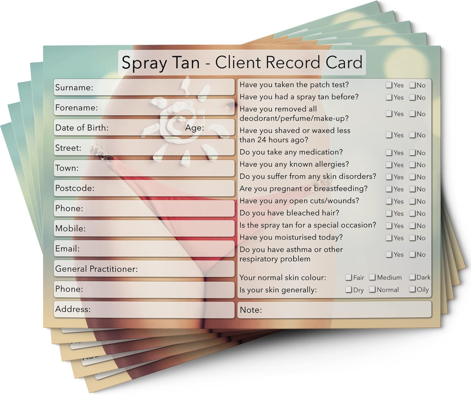 Spray Tan Client Cards A6 Size - Salon and Therapist Customer ...