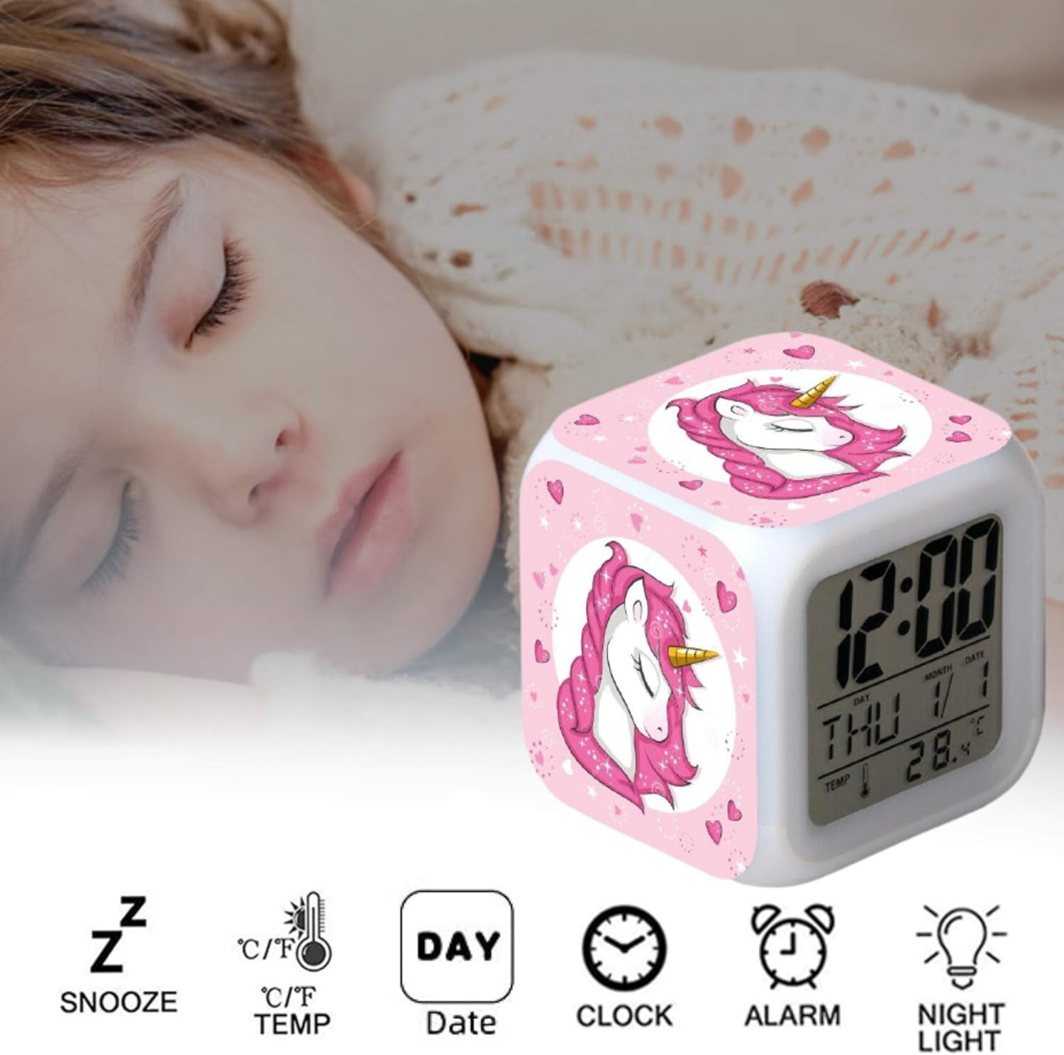 Unicorn Digital Alarm Clocks for Girls, LED 7 Colour changing modes ...