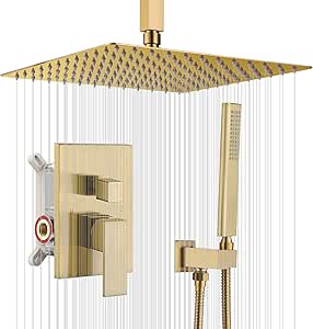 Iriber Brushed Gold Ceiling Mount Rain Shower System with 12 Inch Shower Head and Handheld ...