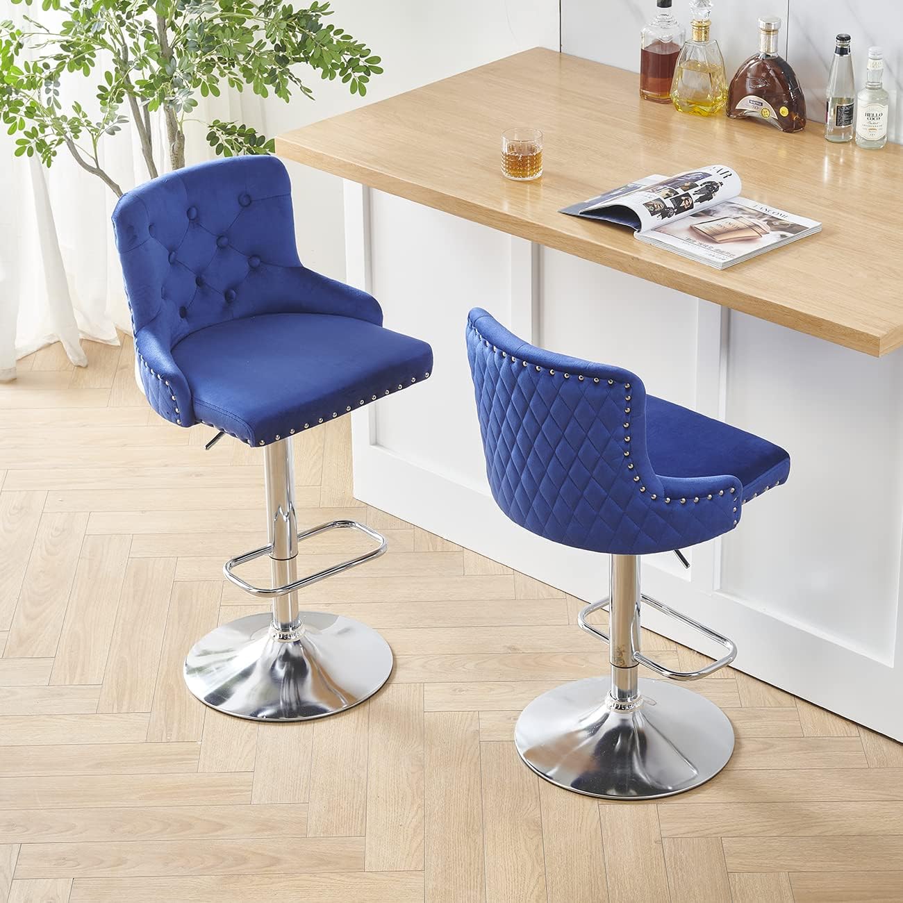 Pantanal Velvet Bar Stools Set of 2, Swivel Counter Chairs with ...