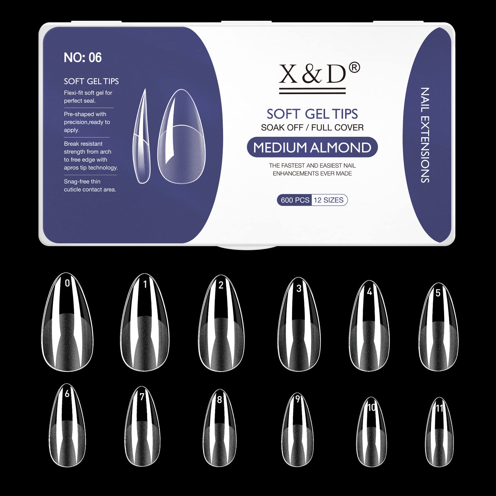 Soft Gel Full Cover Nail Tips 600 Pcs Clear Acrylic Fake Nail Kit Press ...