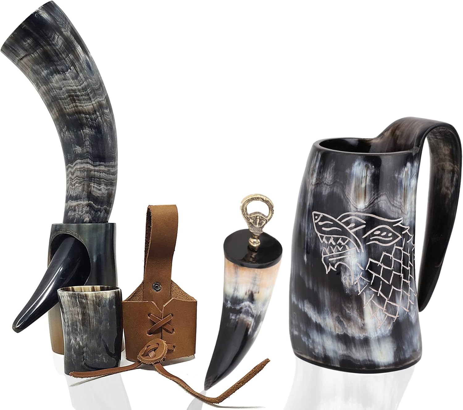 Amazon.com | Viking Drinking Horn Mug Set (6 Pcs. Set) Tankard, Leather ...