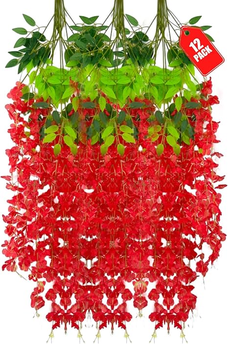 Amazon.com: ZEBMOON 12 Pack Red Wisteria Hanging Flowers, 3.44 Ft Fake ...