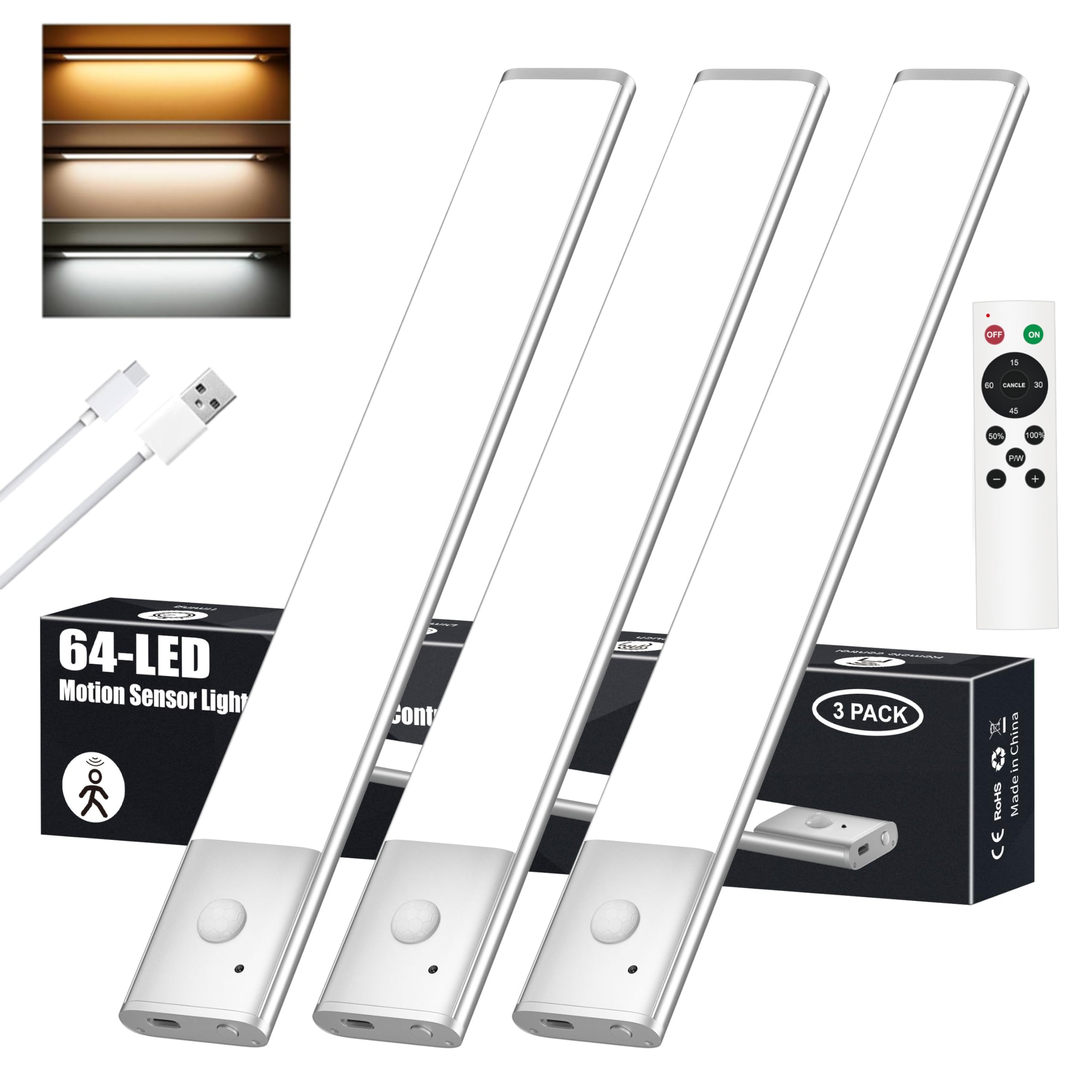 Diomart 3 Pack Under Cabinet Lights Wireless, 64 LEDs Dimmable Motion ...