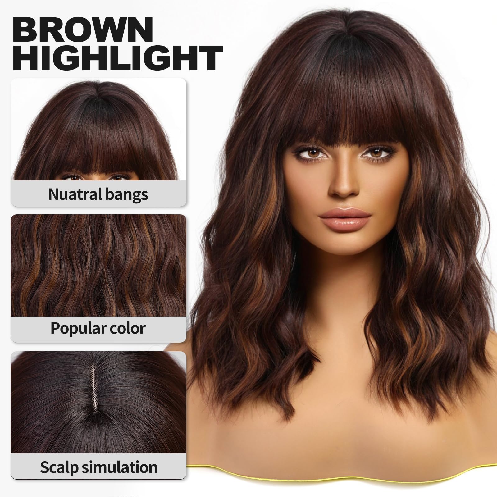 KOME Short Wavy Brown Wig with Bangs, Short Brown Highlight Bob Wigs ...