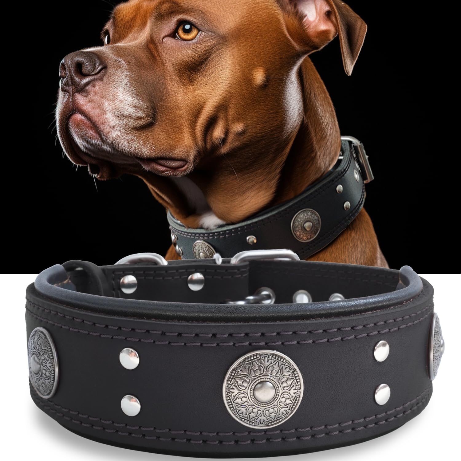 Leather Dog Collar, 5cm Wide Heavy Duty Genuine Leather Collars Large ...