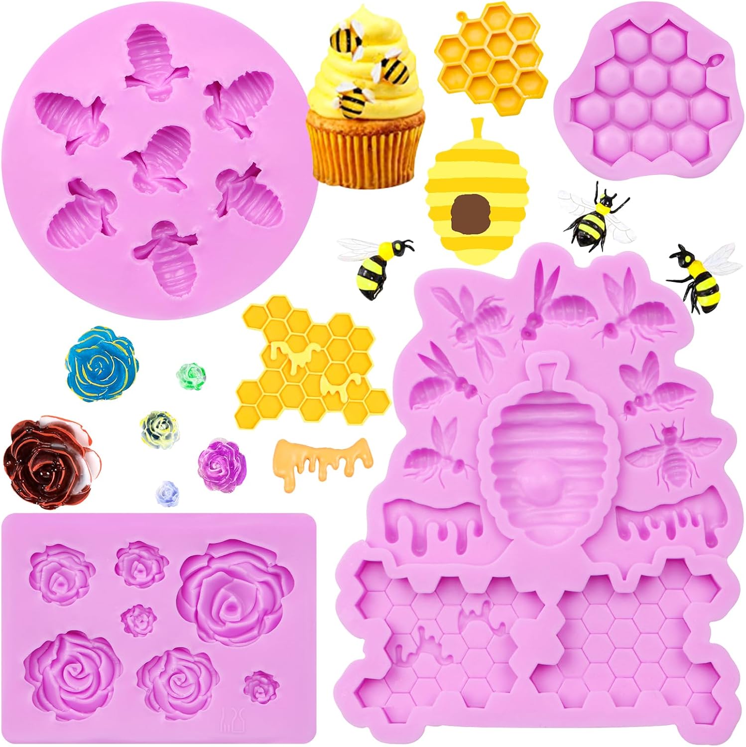 Amazon.com: Honeycomb Silicone Molds Rose Mini Flower Fondant Molds Bee ...