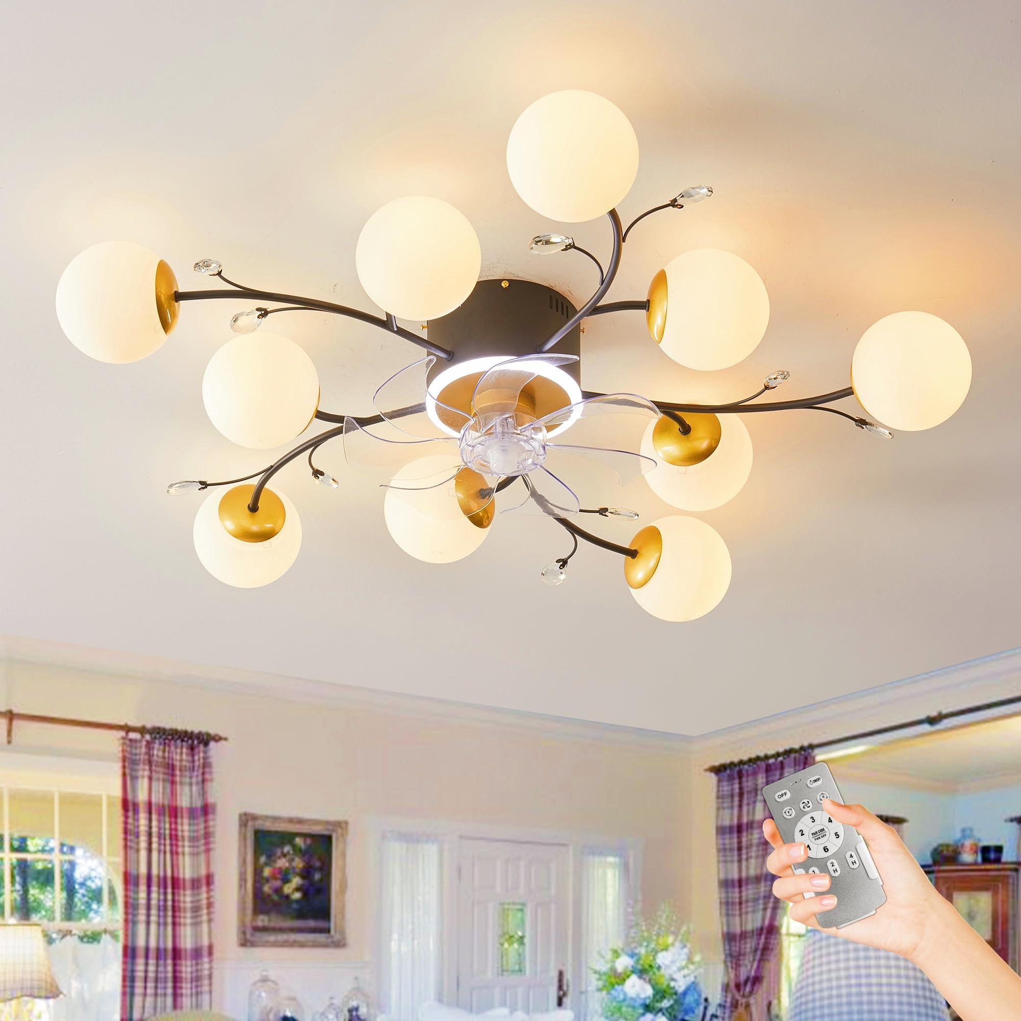 Flush Mount Fandelier Ceiling Fan: 10 Light Chandelier with Fan Crystal ...