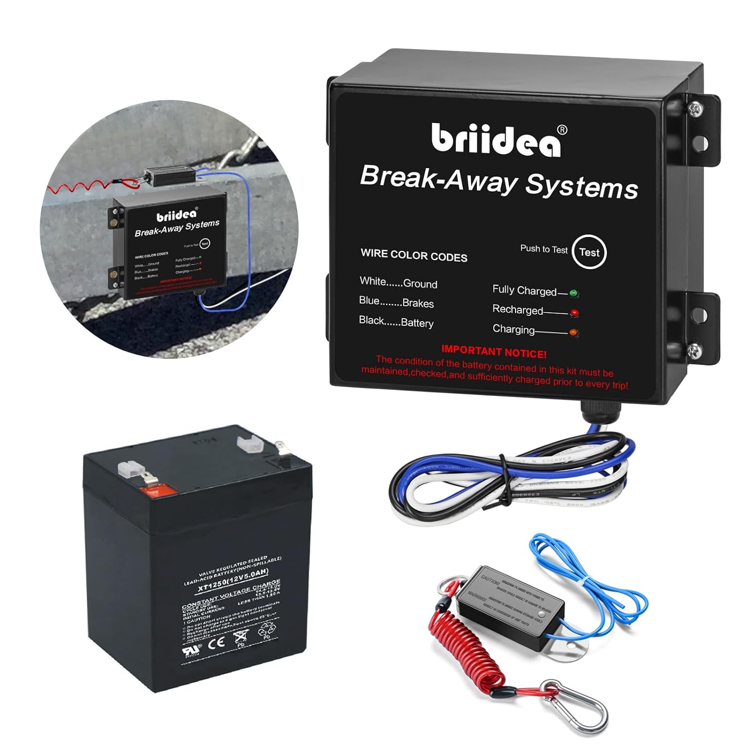 Trailer Brakeaway Kit, Briidea Trailer Brakes Breakaway Kit with 12V ...