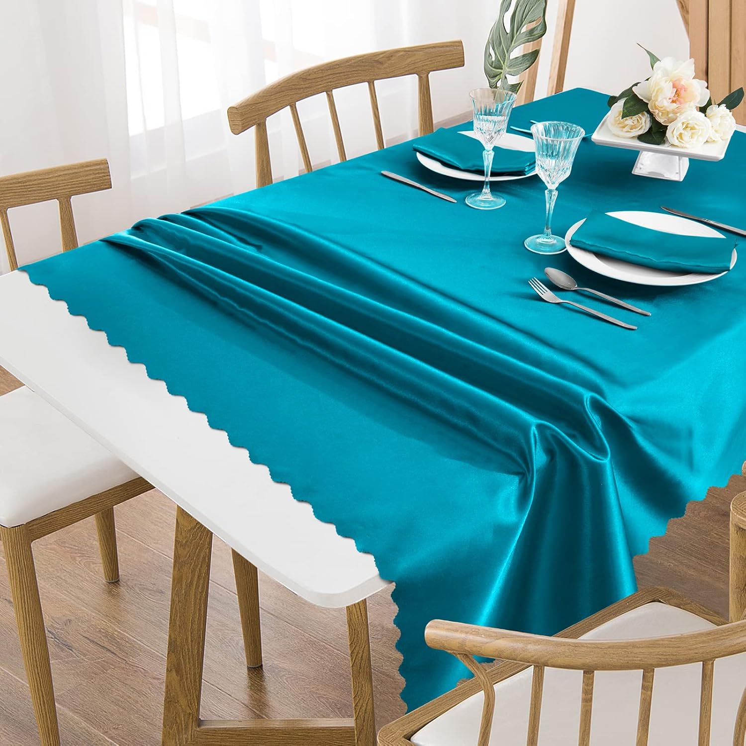 Amazon.com: Manyshofu Teal Satin Tablecloth Rectangle 58 x 102 Inch ...