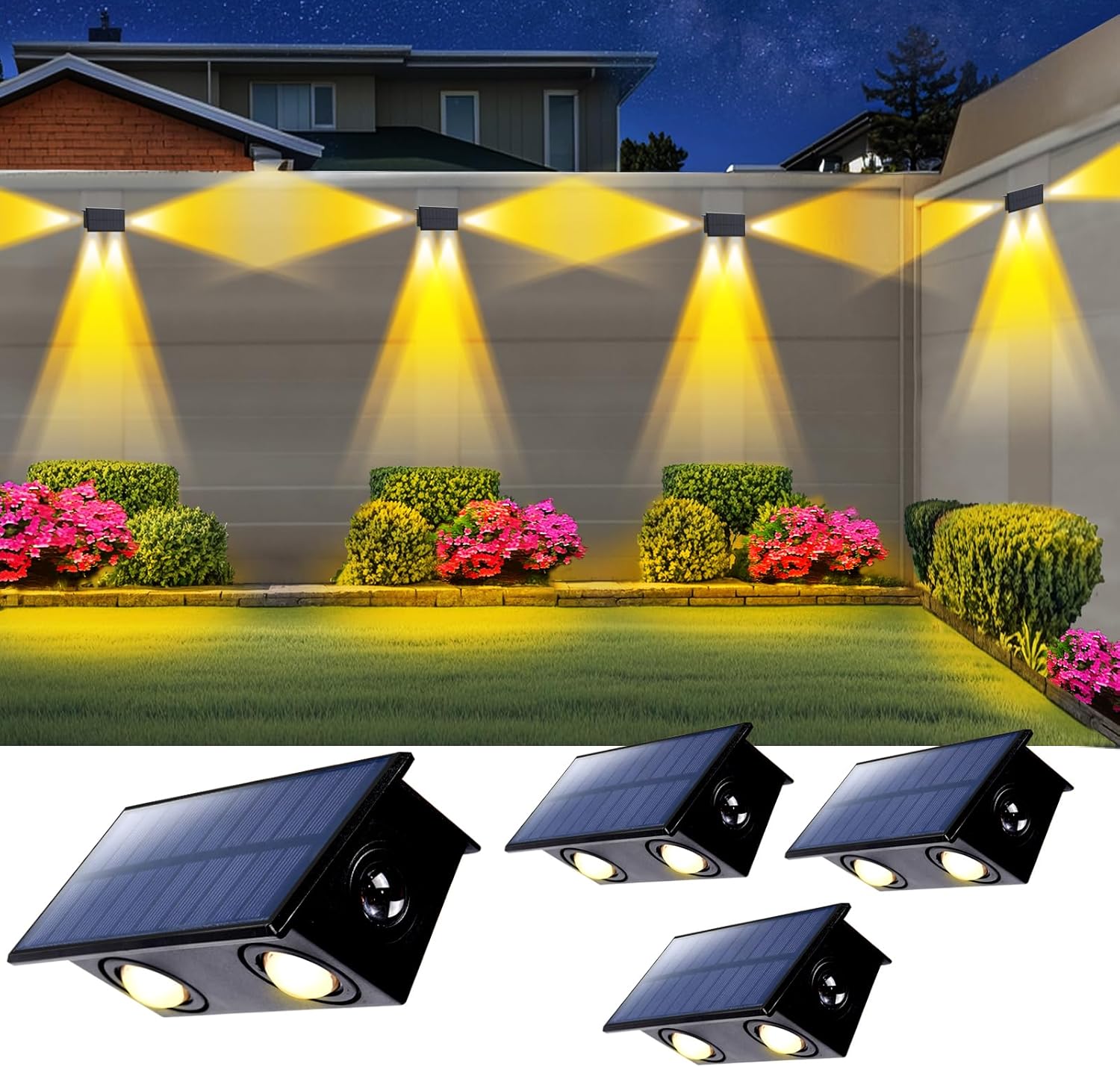 POLIGHTY 4 Pack 3-Side Solar Fence Lights Outdoor Waterproof with Warm ...