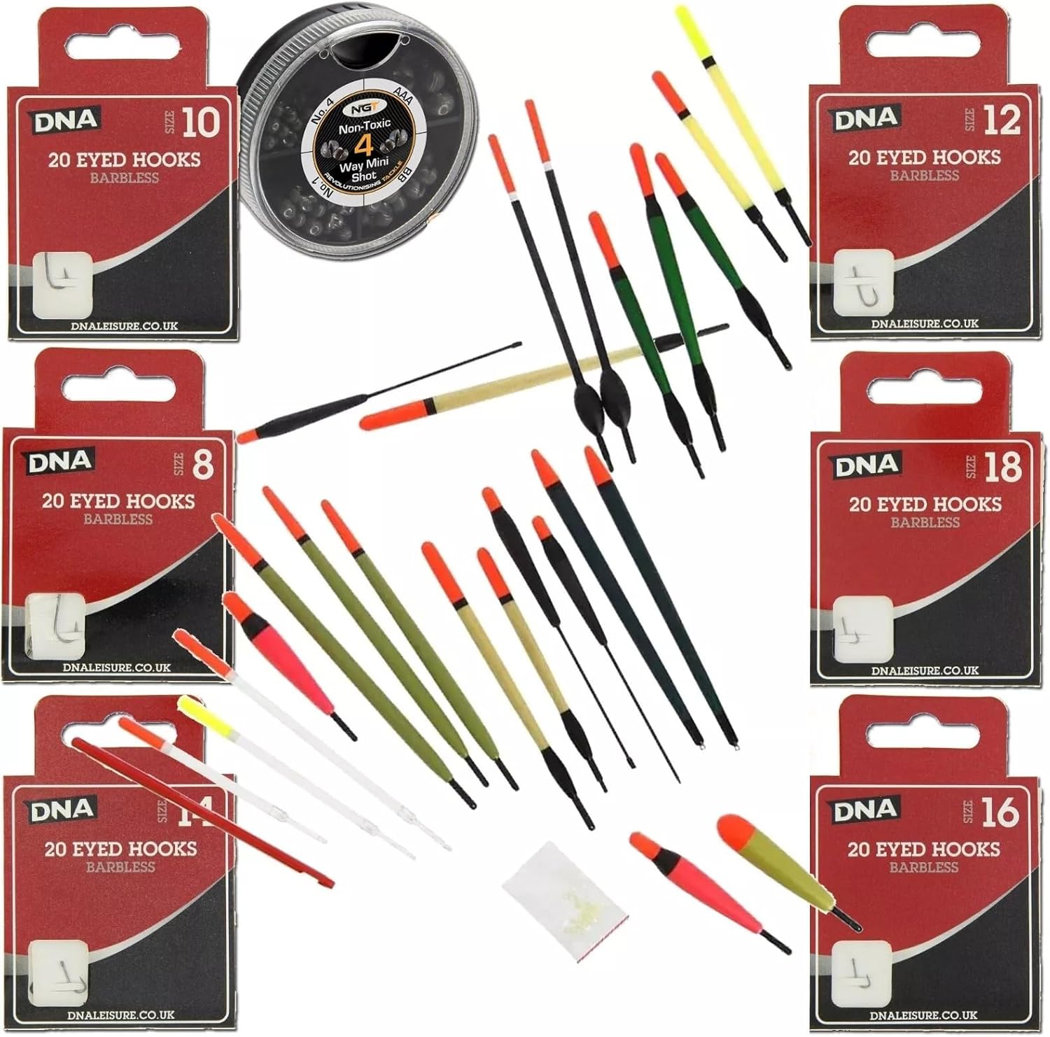 24pc Assorted Float Set with Rubbers, Disgorgers, 120 Eyed Hooks Sharp Barbless Size: 8, 10, 12 ...