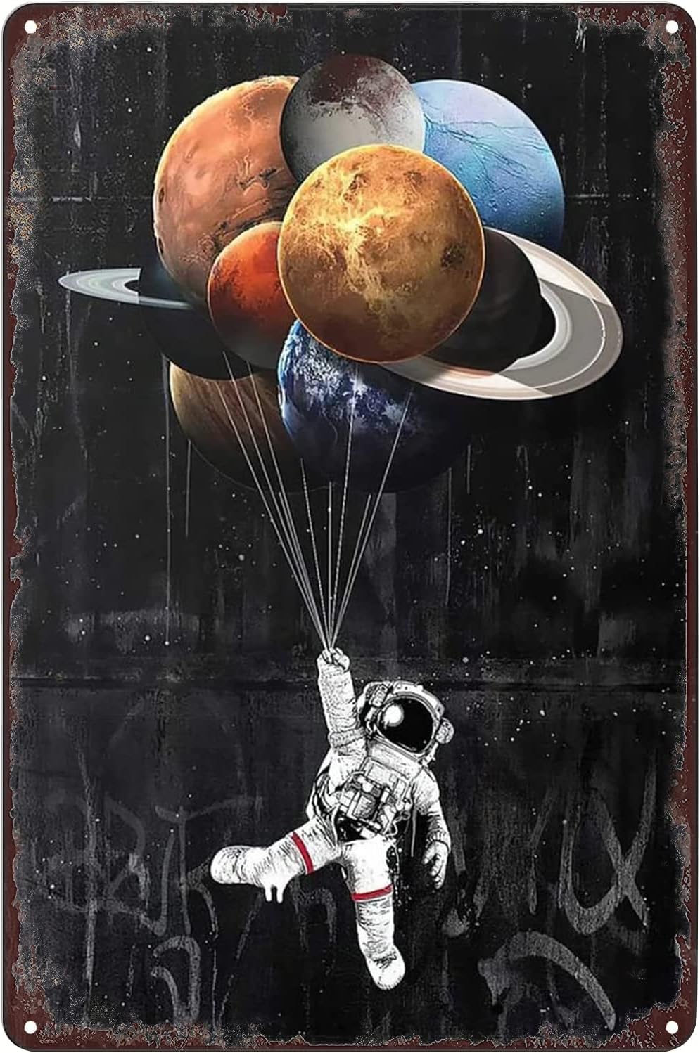 Letreros de metal divertidos Cartel de astronauta sosteniendo planetas ...