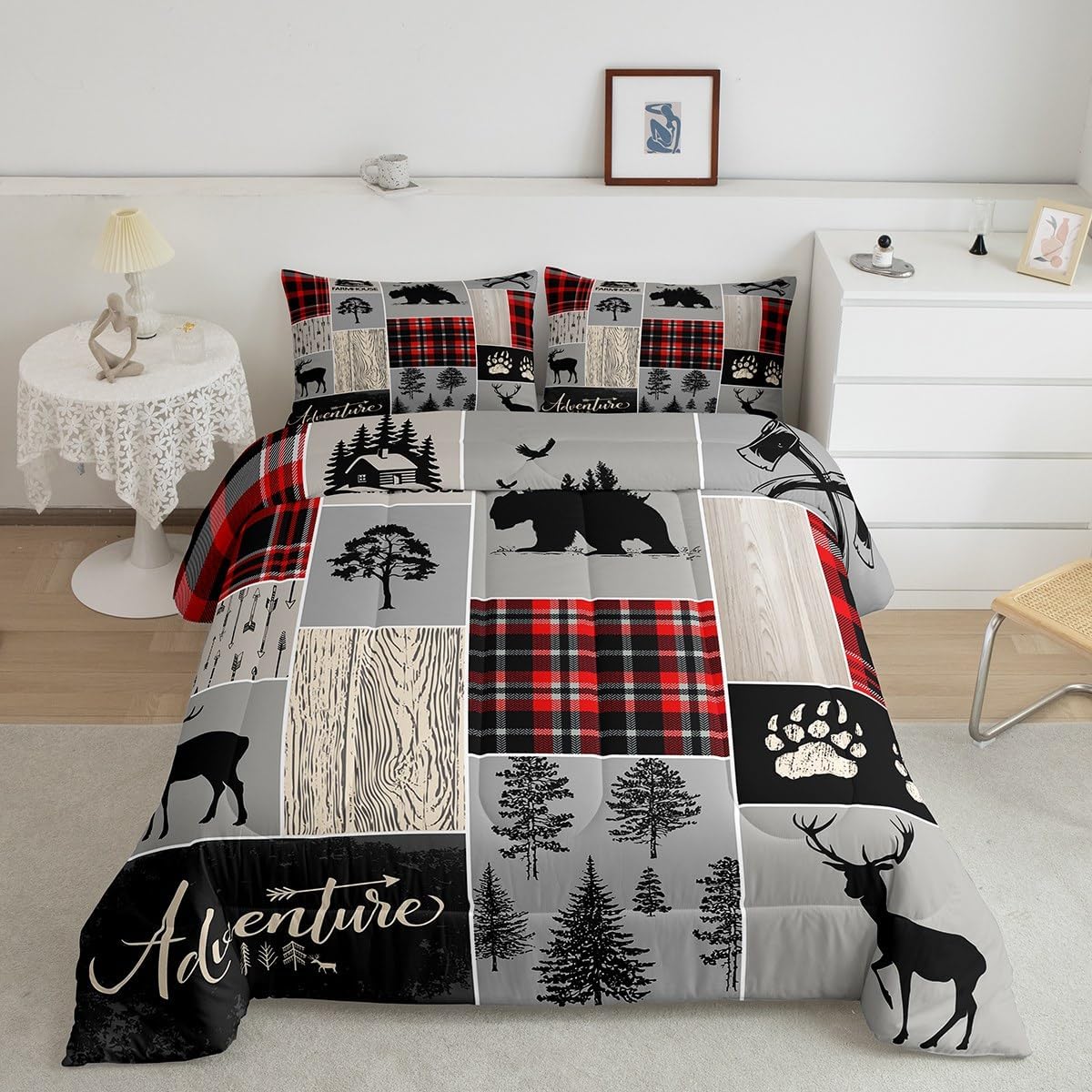 Amazon.com: Buffalo Plaid Comforter Set for Boys Girls, Woodland Bear ...