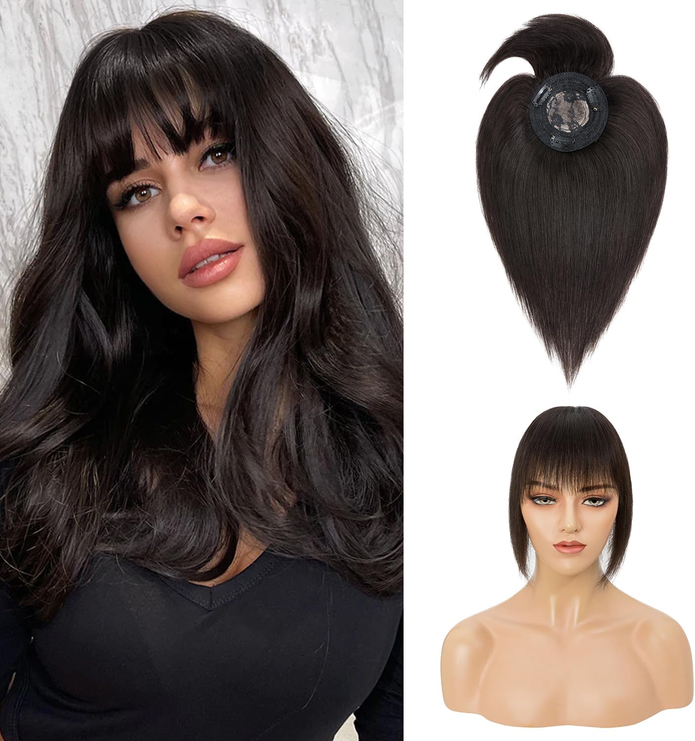 Hairro Hair Toppers with Bangs 100% Real Remy Human Hairpiece for Women ...