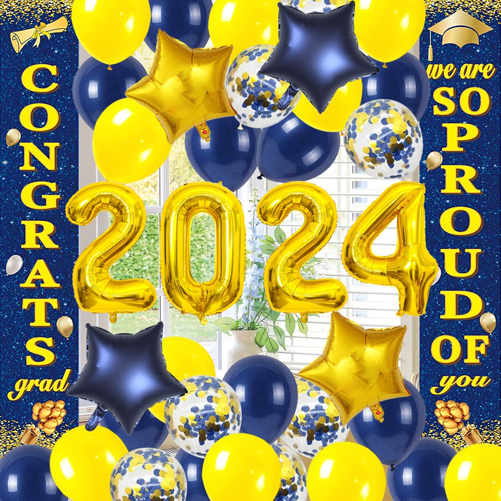 Amazon.com: Navy Blue Yellow Graduation Decorations 2024 Navy Blue and ...