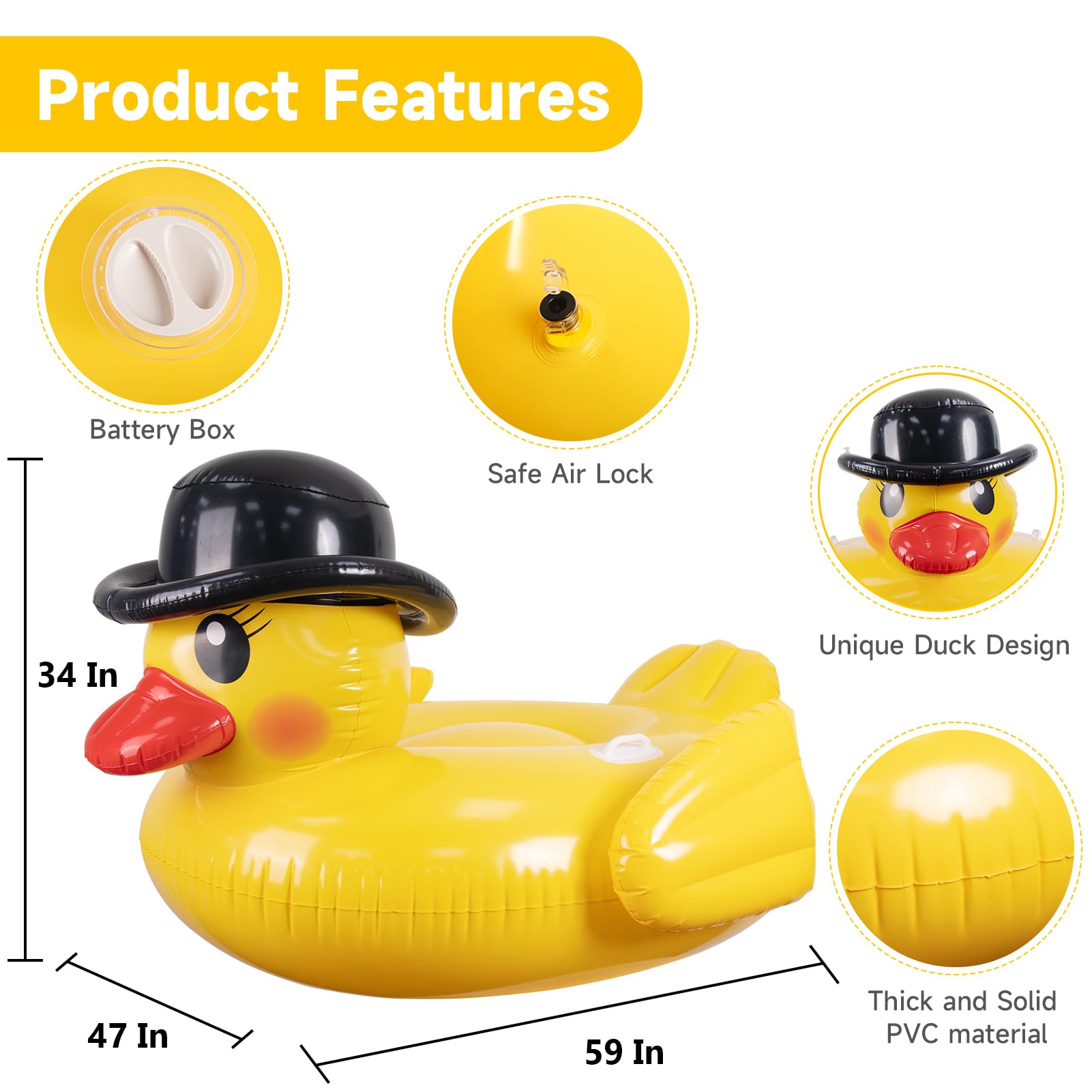 Inflatable Big Yellow Duck Pool Floats with Lights Pool Floaties Rafts ...