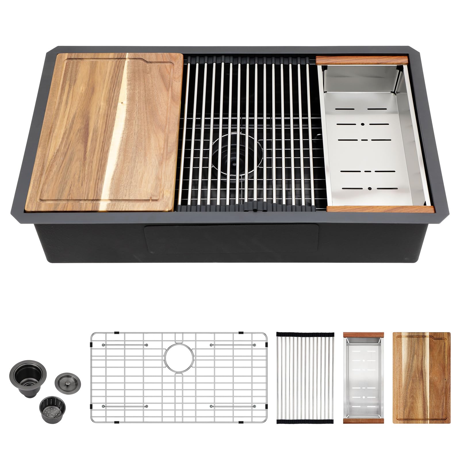 Couoko 33 Black Undermount Kitchen Sink Workstation Gunmetal Black ...