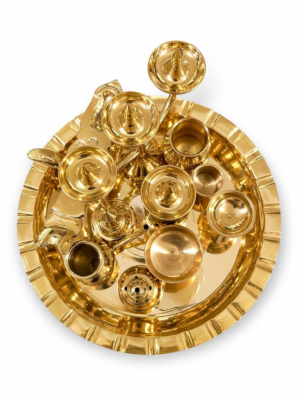 Ashtalakshmi Brass Pooja Thali Set, 10 Inch, with Multi-Wick Aarti Lamp ...