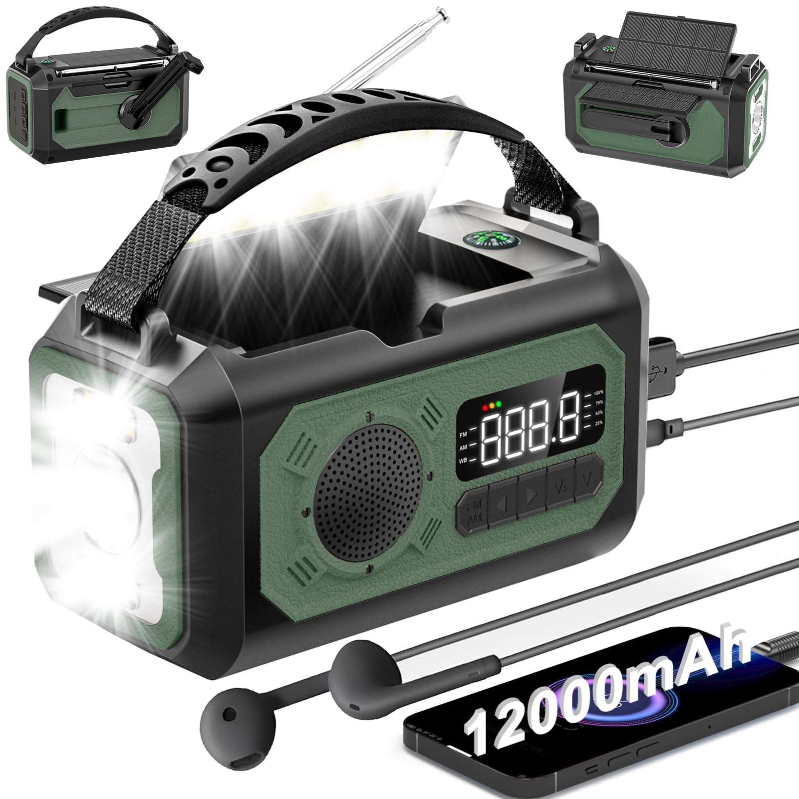Amazon.com: irjeen 12000mAh Emergency Radio, Hand Crank Radio, Portable ...