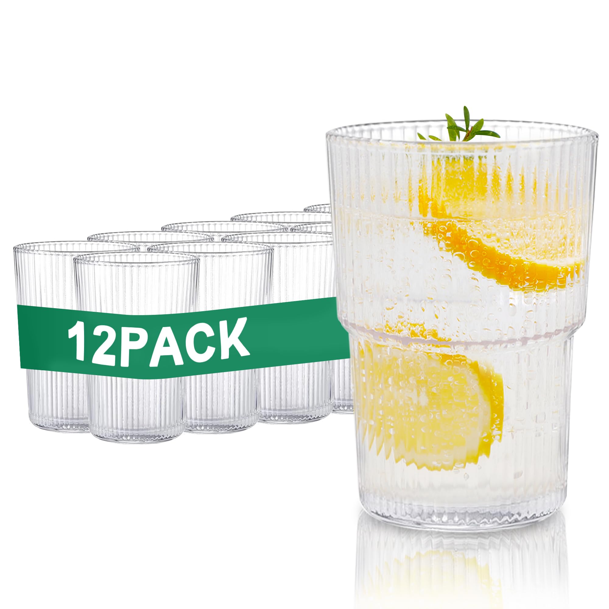 Amazon.com | HIGIINC Unbreakable Glasses Drinking Set of 12-17OZ Ribbed ...