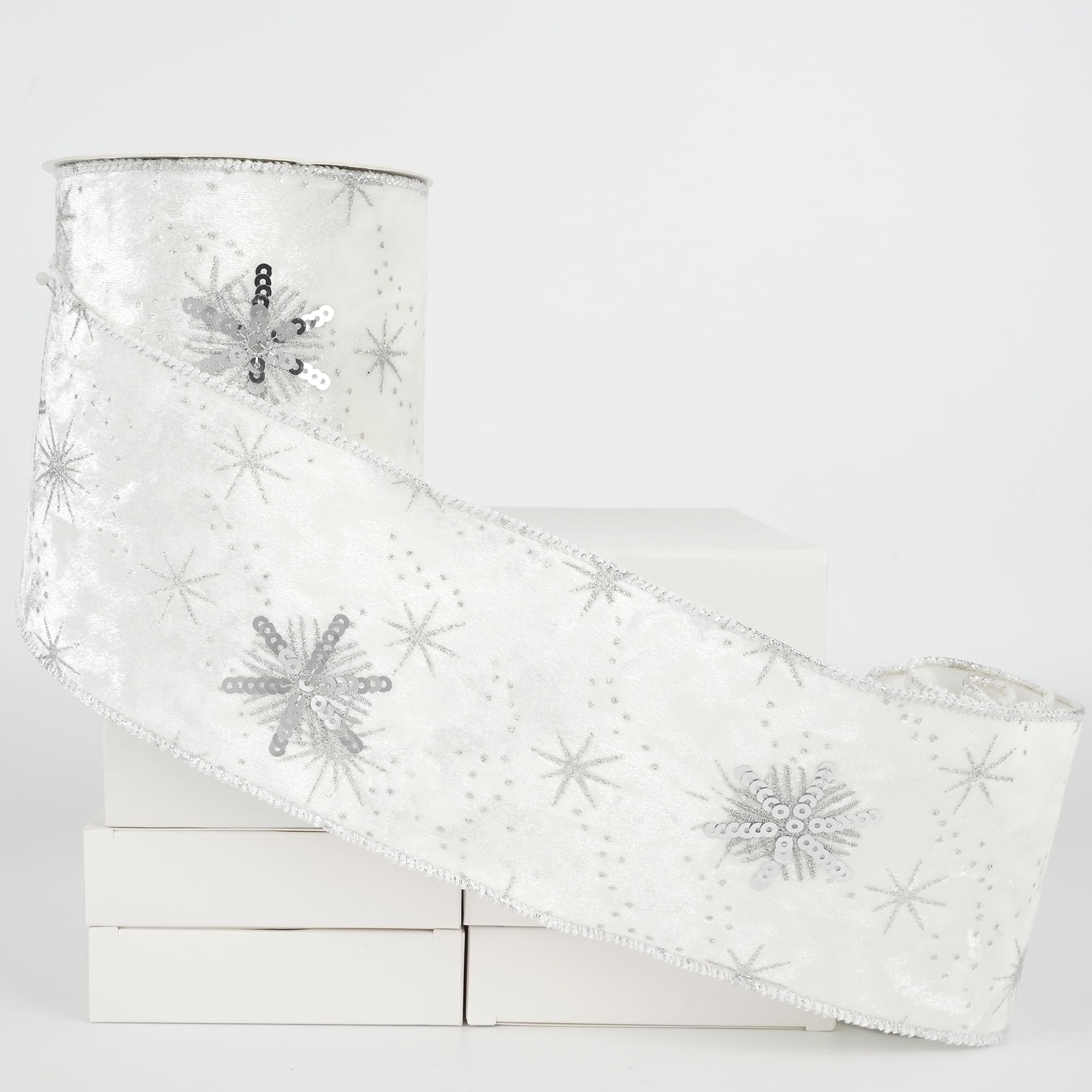 Amazon.com: HUIHUANG White Christmas Ribbon 4 inch Velvet Wired Ribbon ...