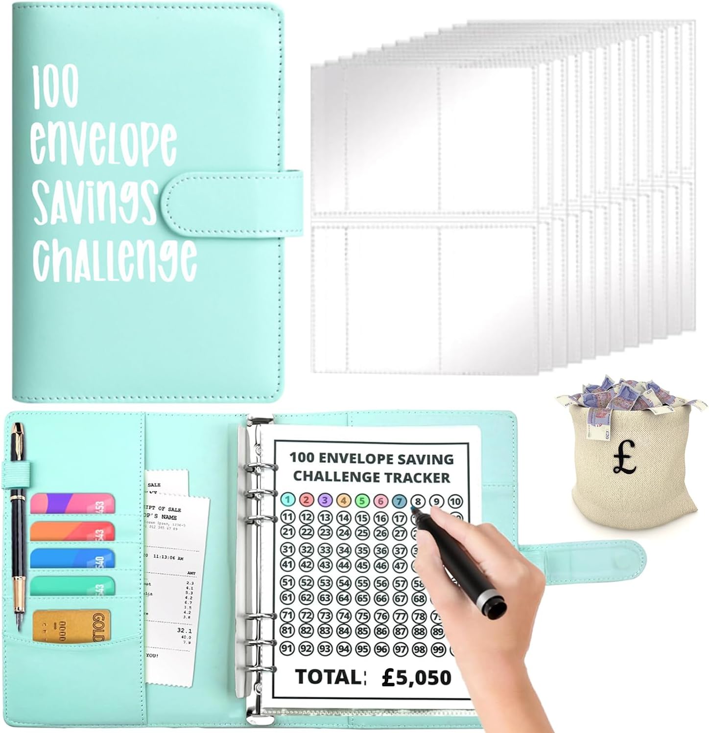 RHZXD 100 Envelope Challenge Binder, Sky Blue Saving Challenge Binder ...