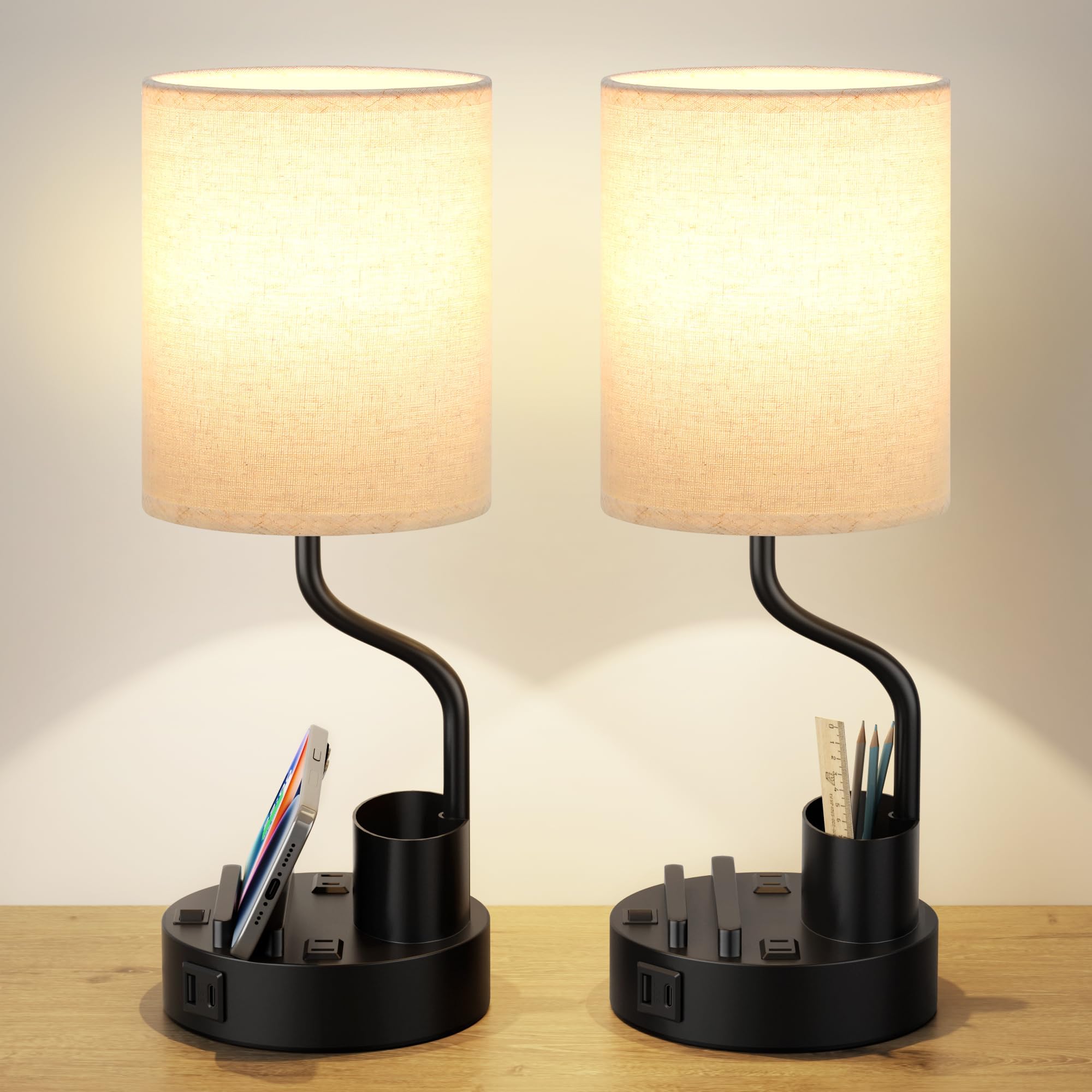 Briever USB Table Lamp, Multi-Functional Bedside Desk Lamp with 2 AC ...