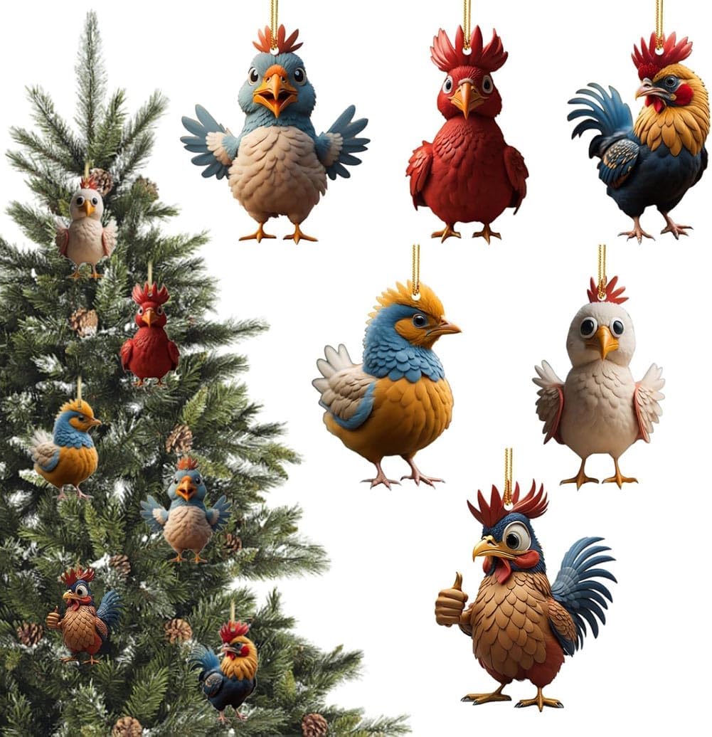 6 Pcs Funny Chicken Xmas Tree Decorations - Acrylic Hanging Chicken ...