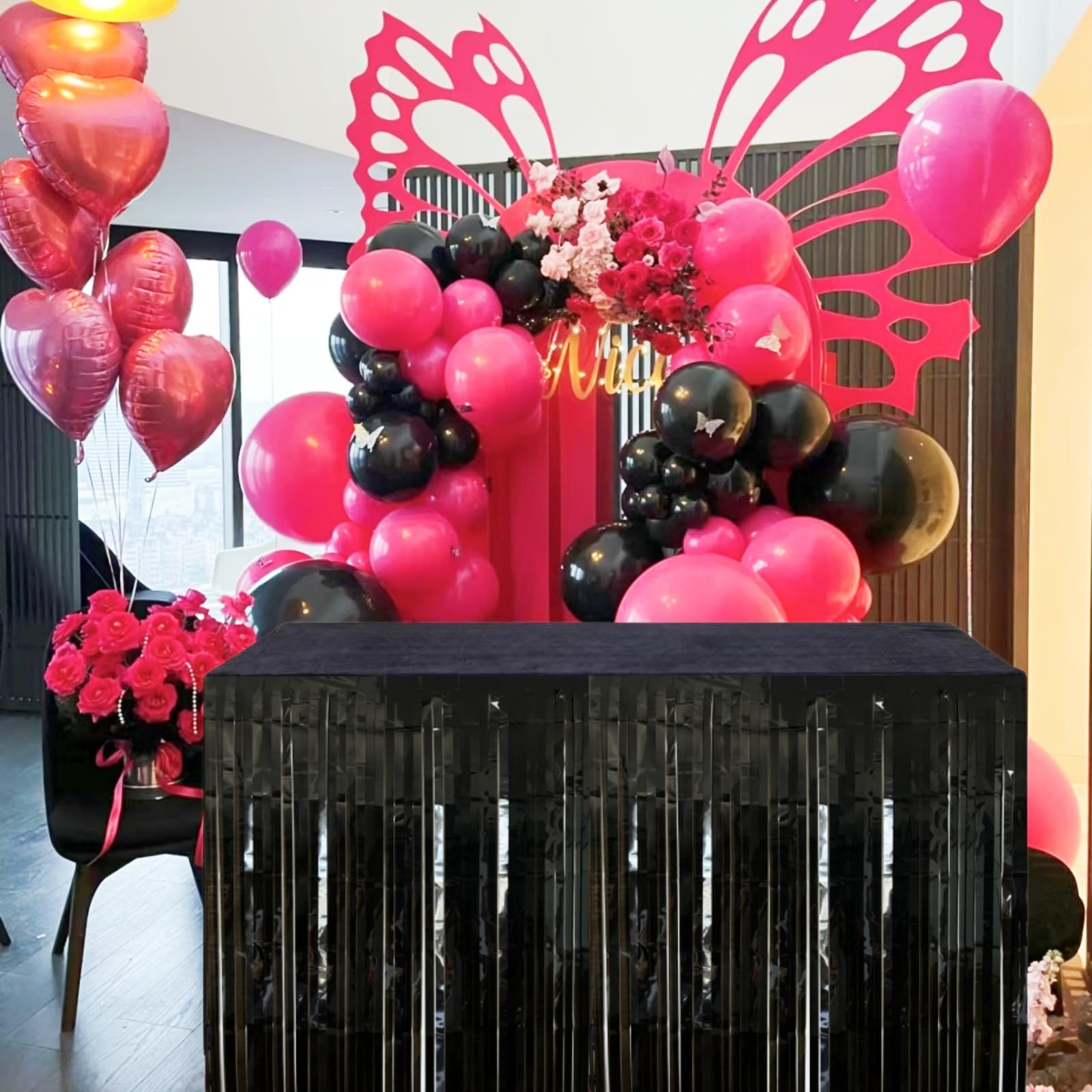 Set of 2 Widen Black Foil Fringe Table Skirt Garland Banner Metallic ...